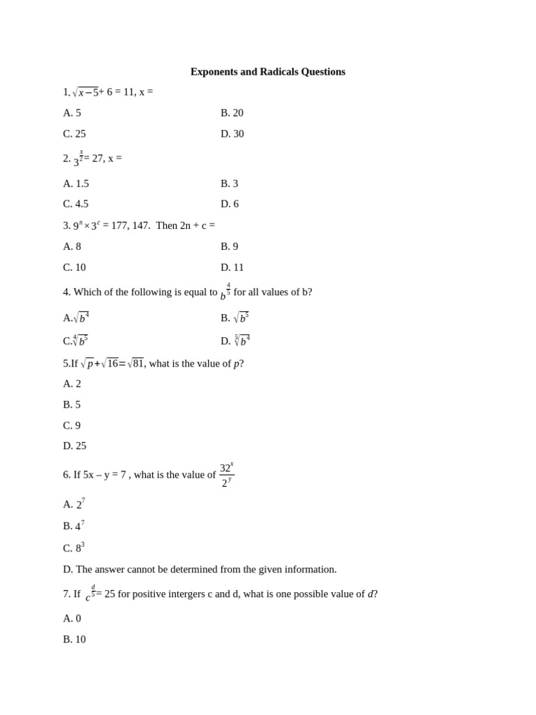 Exponents and Radicals Practice Questions | PDF