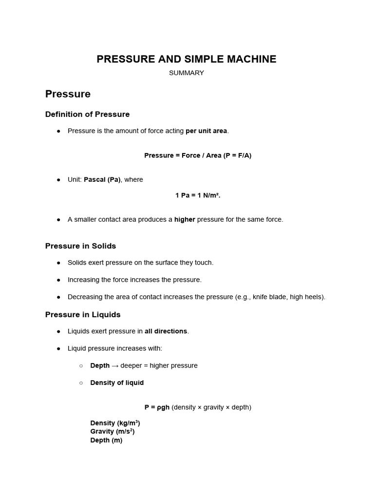 Pressure and Simple Machine | PDF