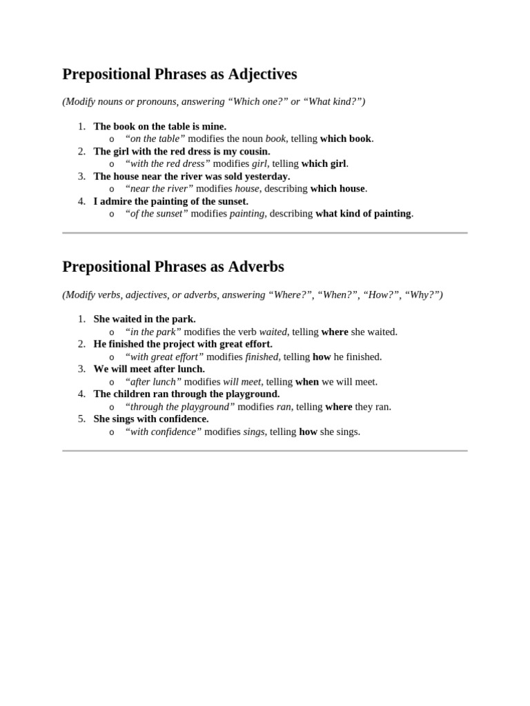 Prepositional Phrases as Adjectives and Adverbs | PDF