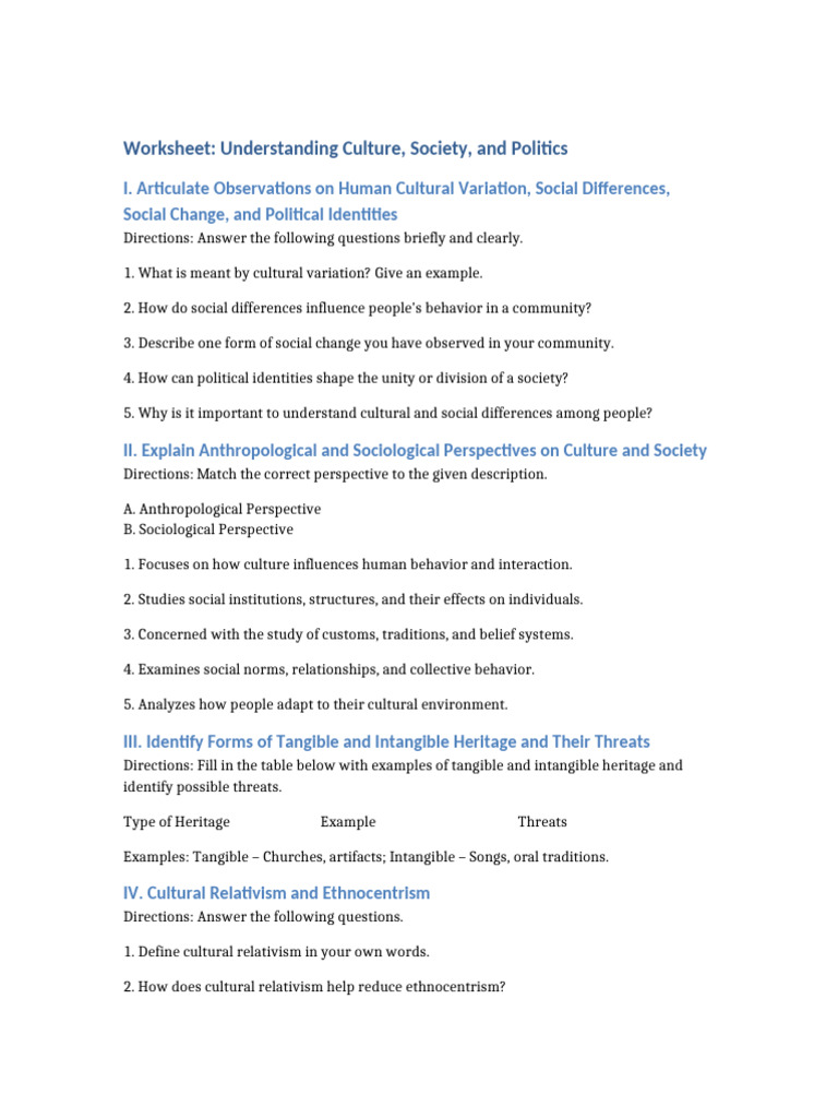 Worksheet UCSP Cultural Society Politics | PDF | Institution | Traditions