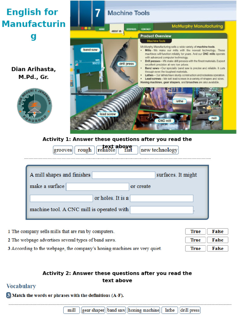 English for Manufacturing_Machine Tools | PDF
