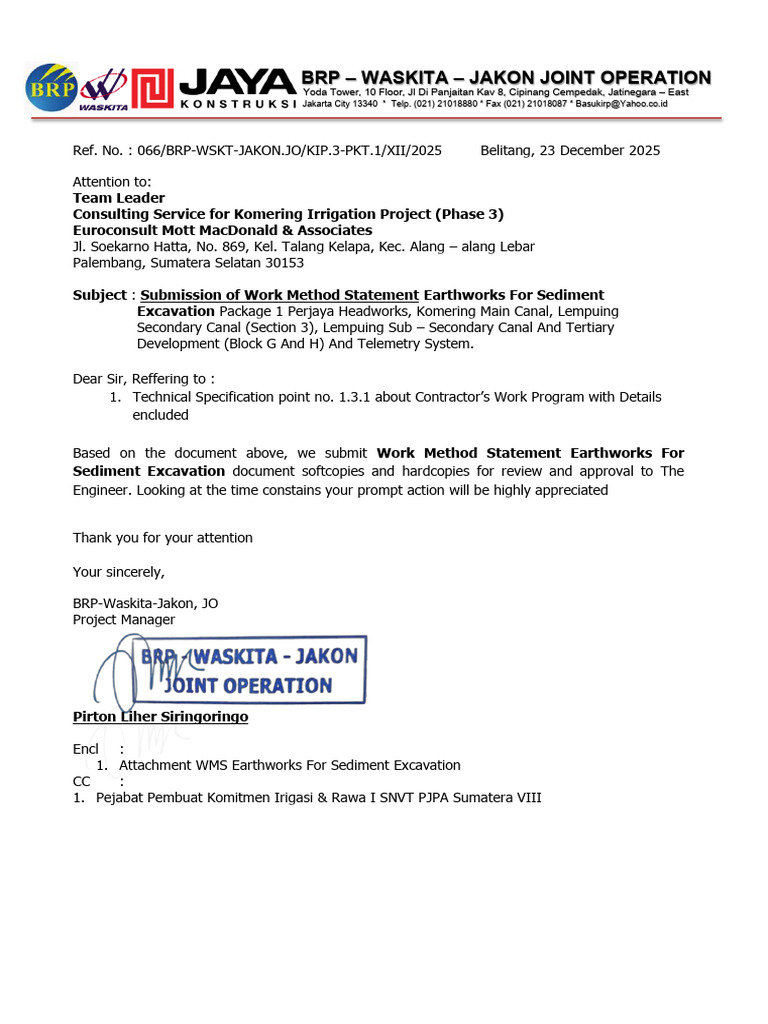 066 Submission of Work Method Statement Earthworks for Sediment Excavation | PDF