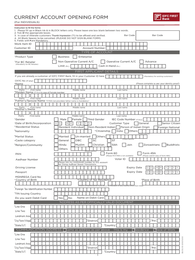 Current Account Opening Form Individuals | PDF | Identity Document | Banks