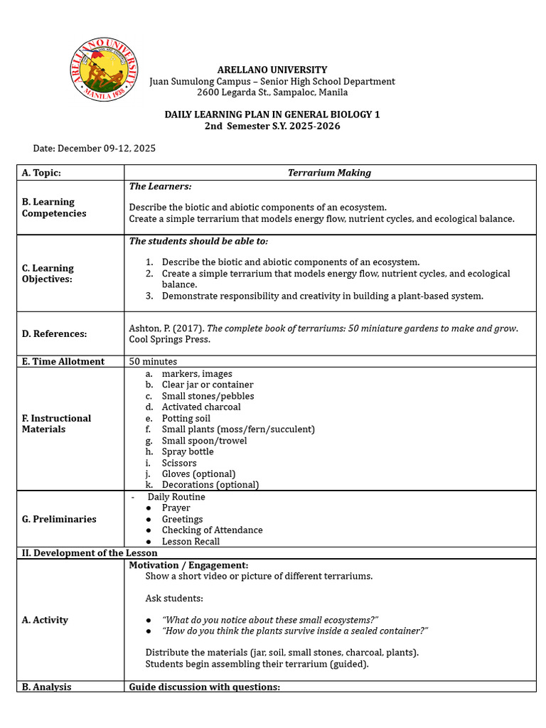 Daily Learning Plan: Terrarium Making | PDF | Ecosystem | Ecology