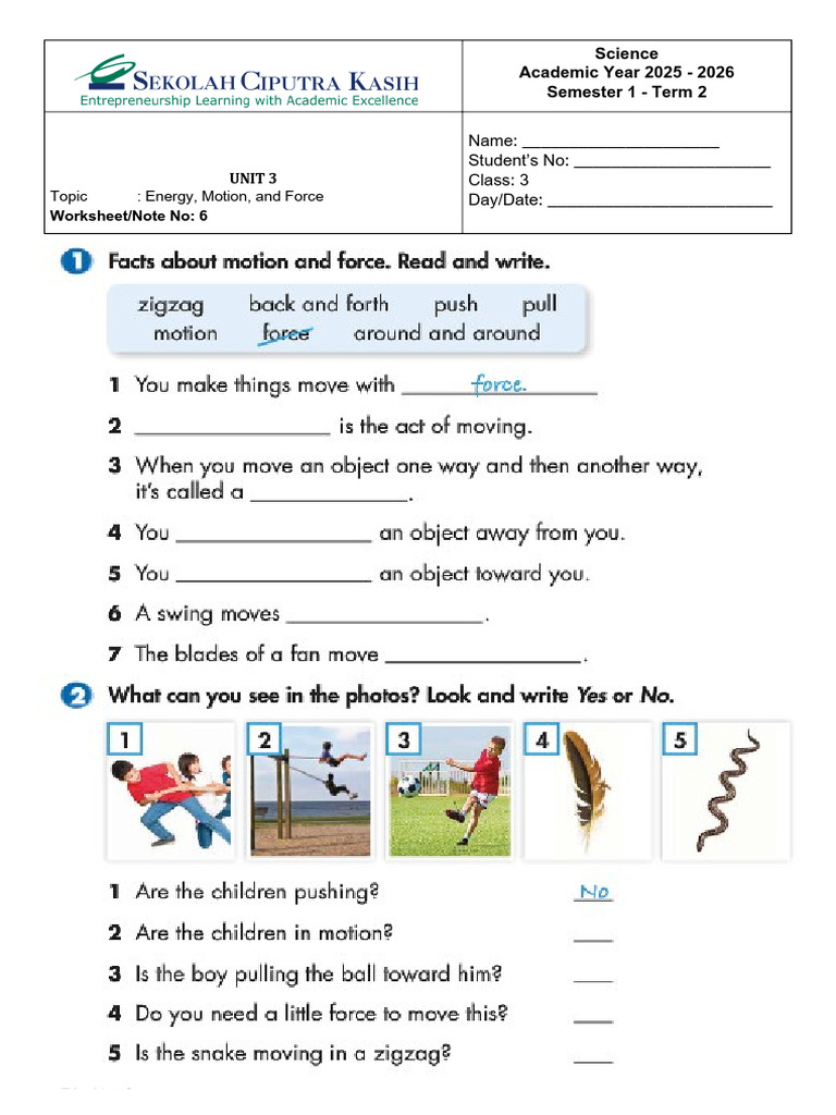 Energy, Motion, and Force Worksheet | PDF