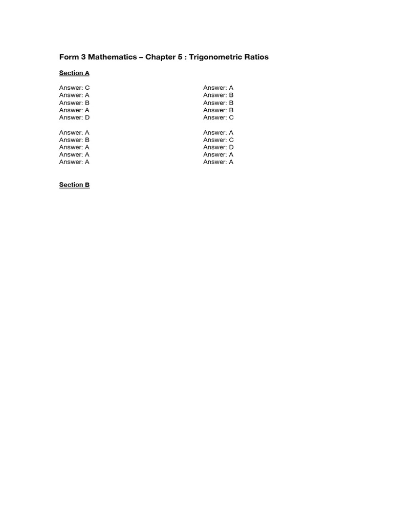 Form 3 Maths Test - Chapter 5 Trigonometric Ratios (Answer) | PDF