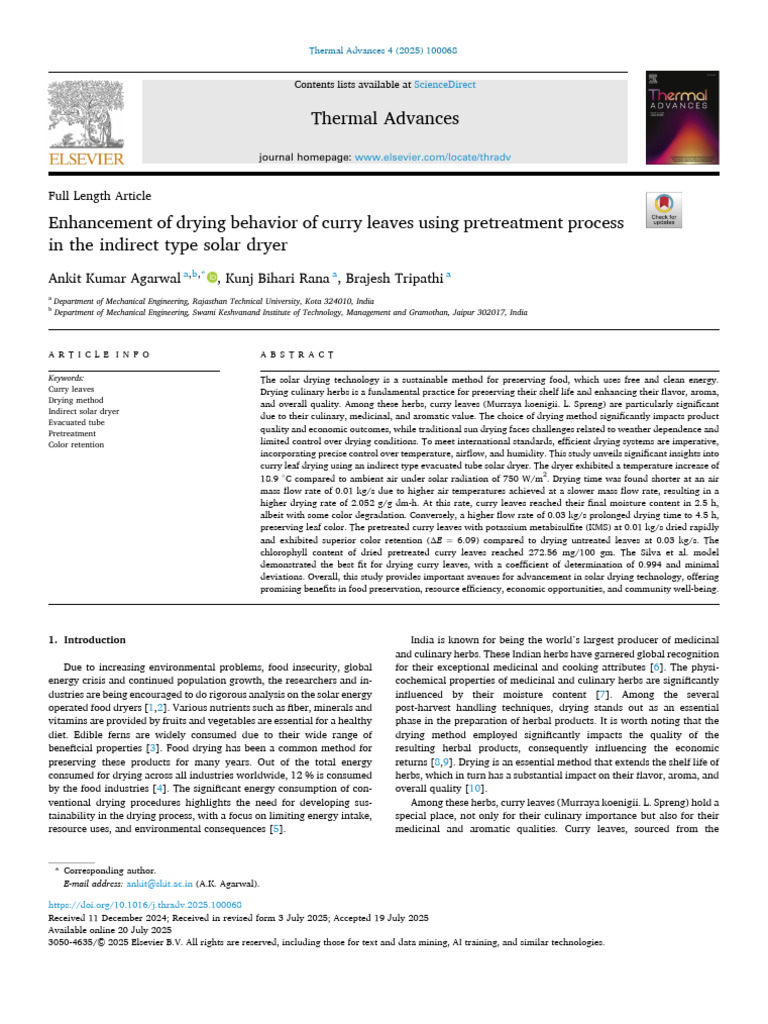 Enhancement of Drying Behavior of Curry Leaves Using Pretreatment ...