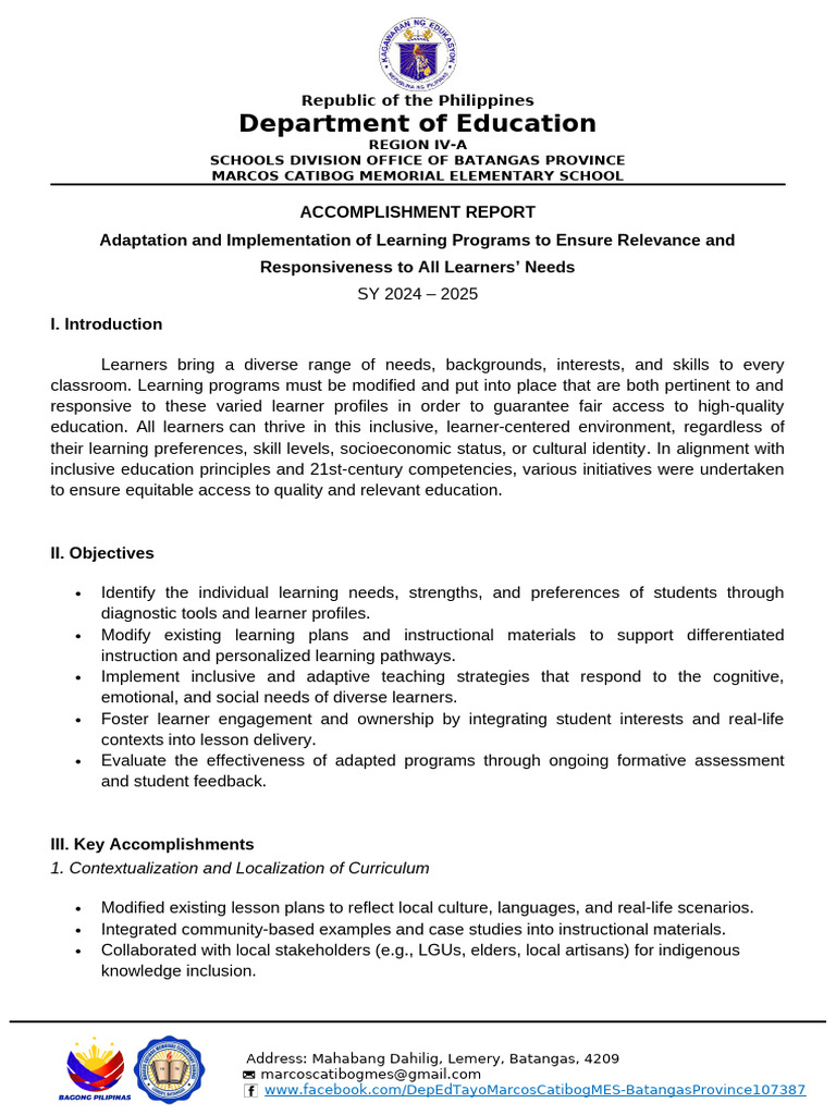 Inclusive Education Accomplishment Report | PDF | Learning | Inclusion ...