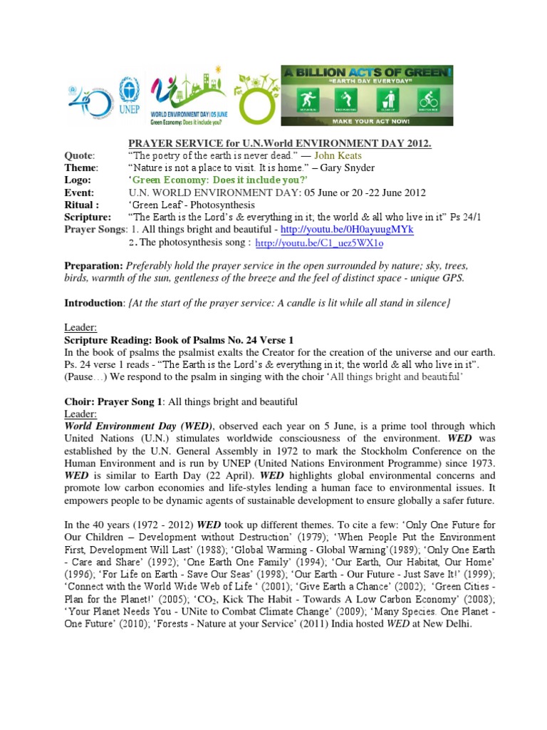 Prayer Service for World Environment Day | PDF | Sustainability | Earth