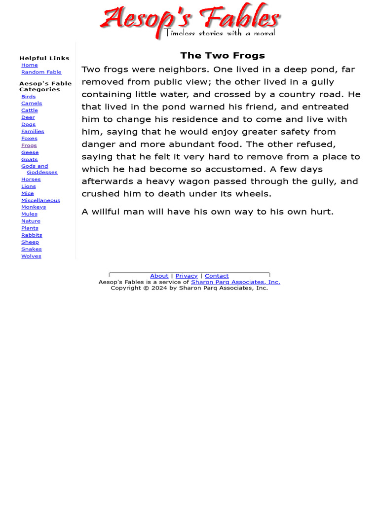 Aesop's Fable the Two Frogs | PDF