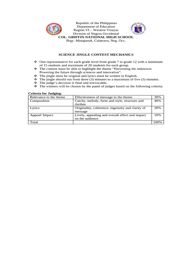 Science Jingle Contest Guidelines | PDF