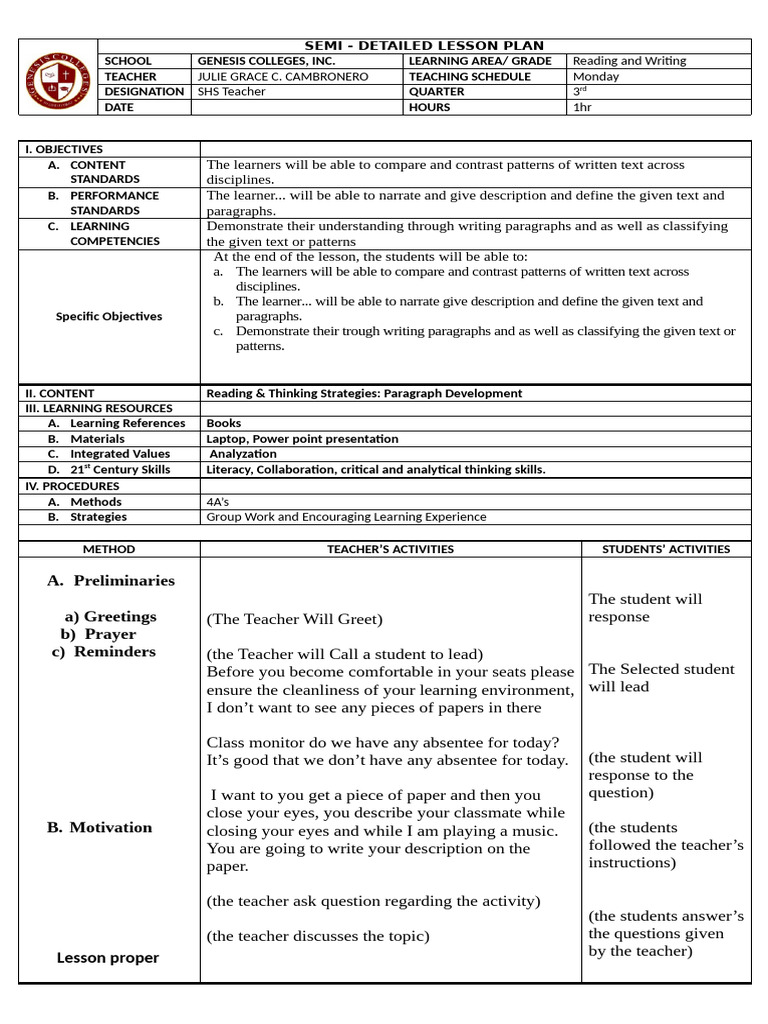 Reading & Writing Lesson Plan Guide | PDF | Learning | Literacy