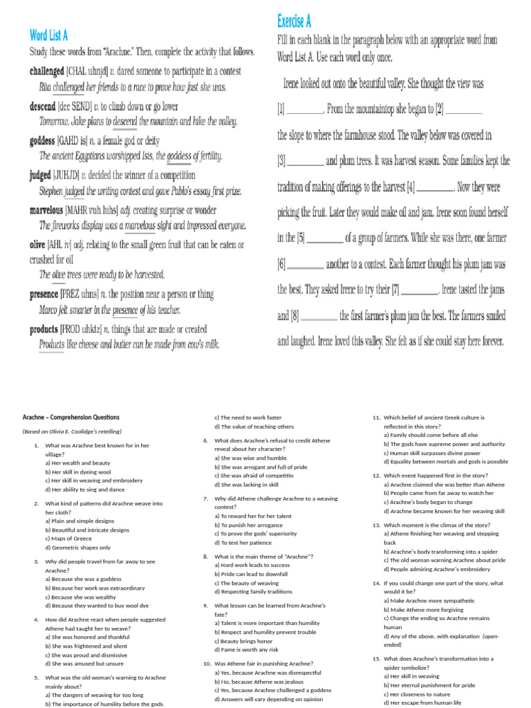 Arachne Comprehension Questions Guide | PDF | Athena