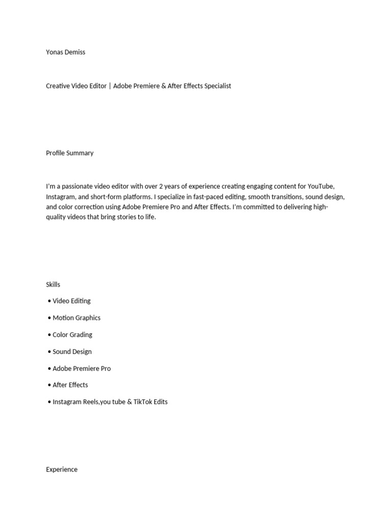 Yonas Demiss: Expert Video Editor | PDF