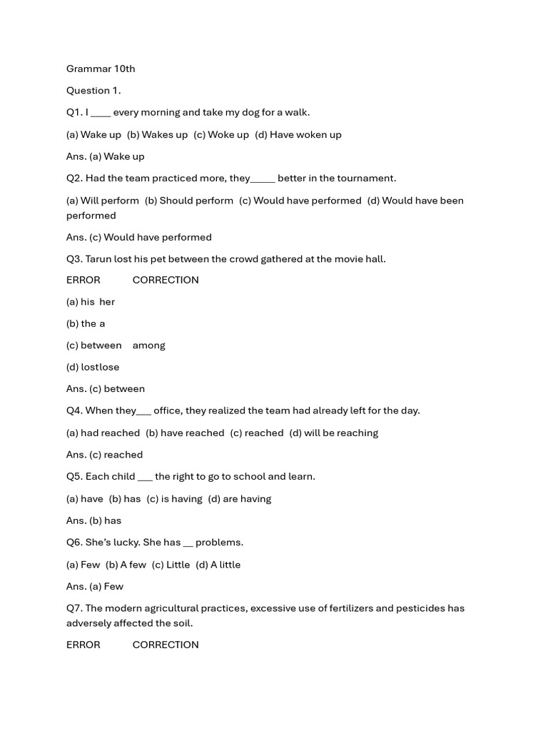 10th Grade Grammar Practice Questions | PDF