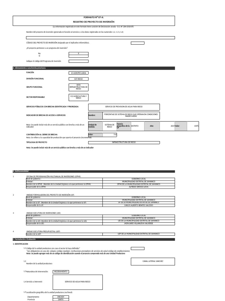 d) Formato N°07A - Registro de proyectos de inversion | PDF | Riego | Asociación público-privada