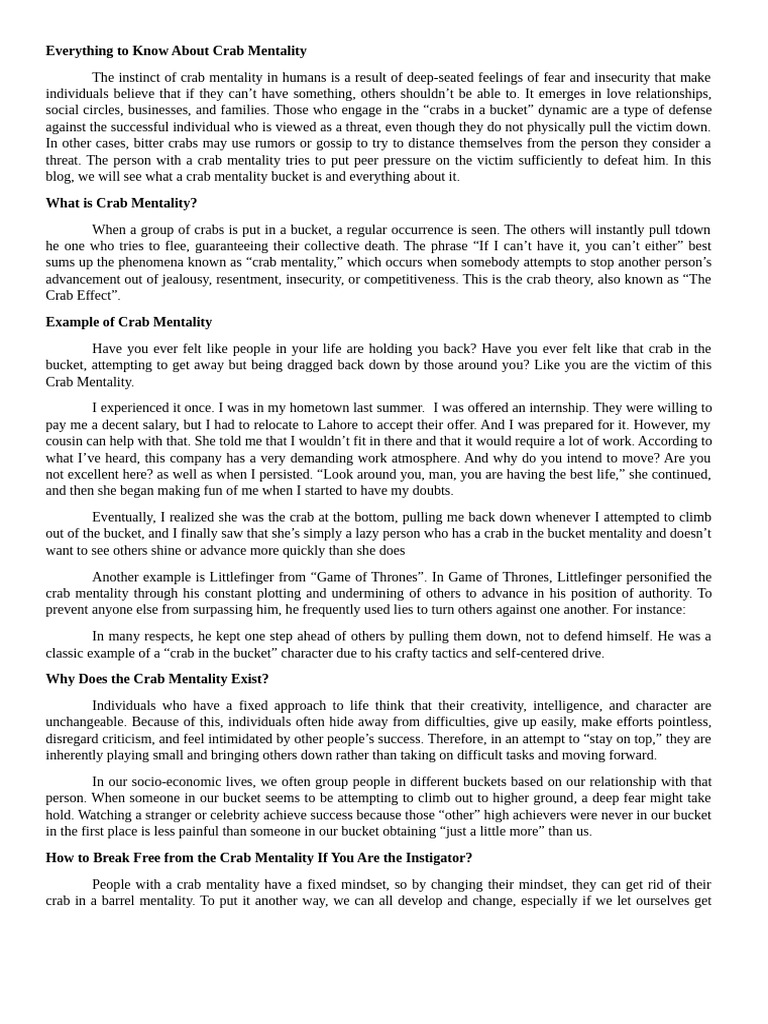 Understanding Crab Mentality Explained | PDF | Mindset | Mental Disorder