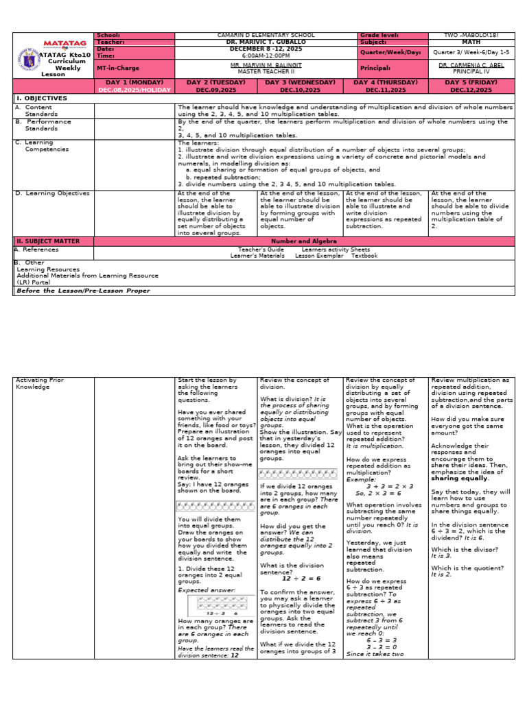 Grade 2 Math Division Lesson Plan | PDF | Division (Mathematics ...