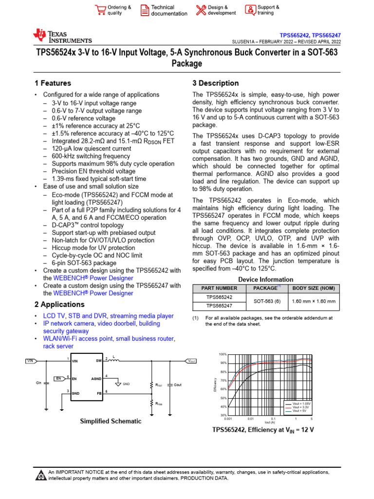 TPS565242: 5A Buck Converter Specs | PDF | Electrical Engineering ...