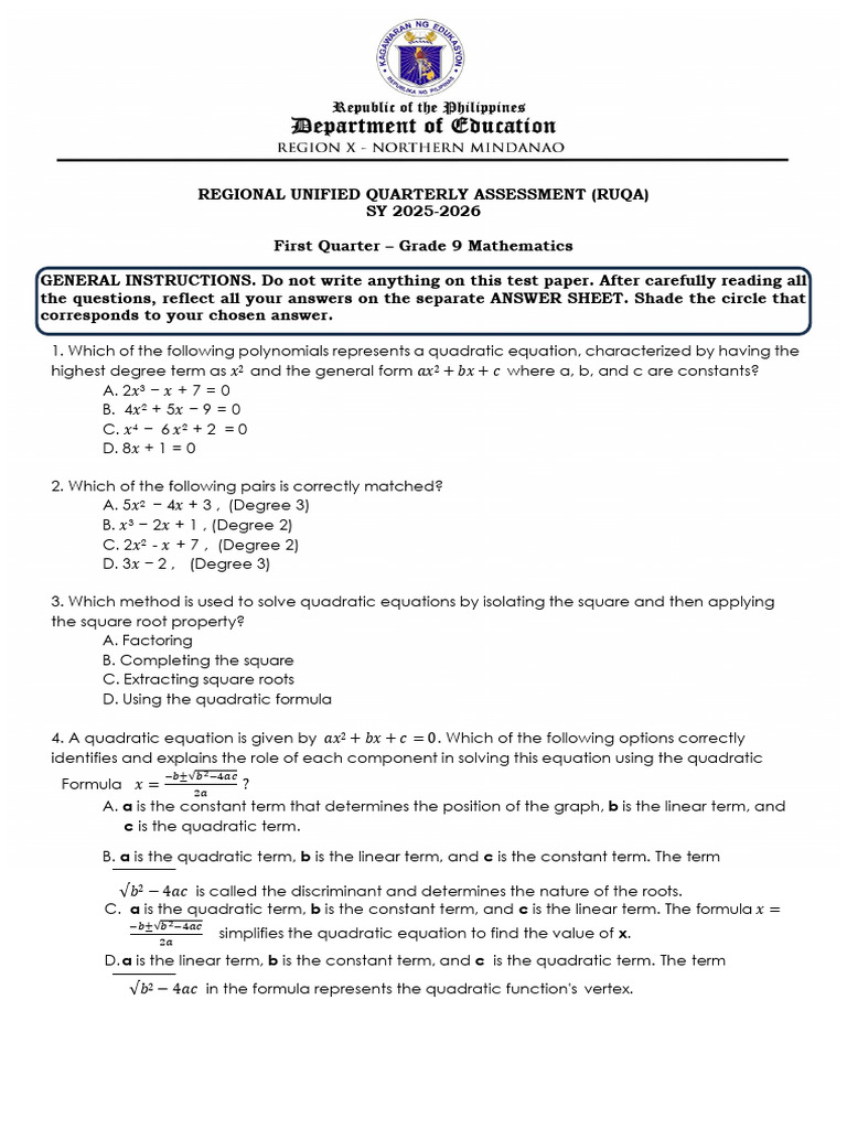 Grade 9 Math RUQA: Quadratic Equations | PDF | Quadratic Equation ...