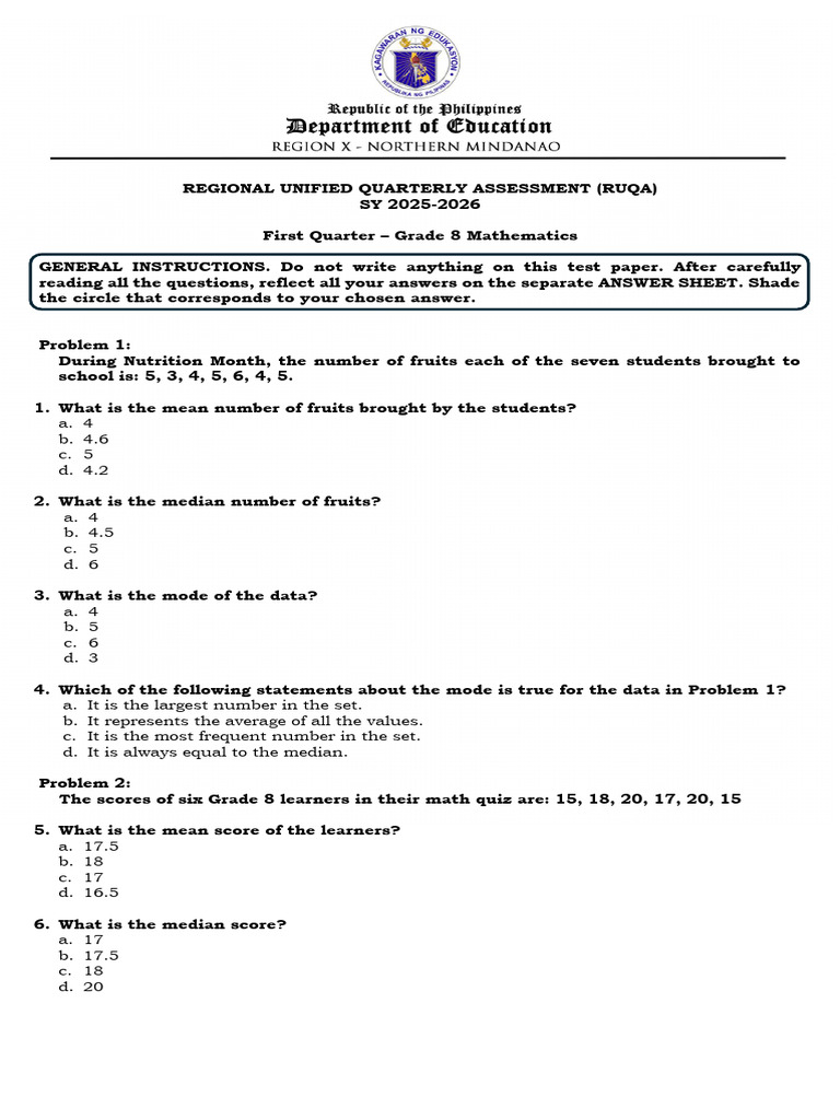 Grade 8 Math Quarterly Assessment | PDF | Mathematics