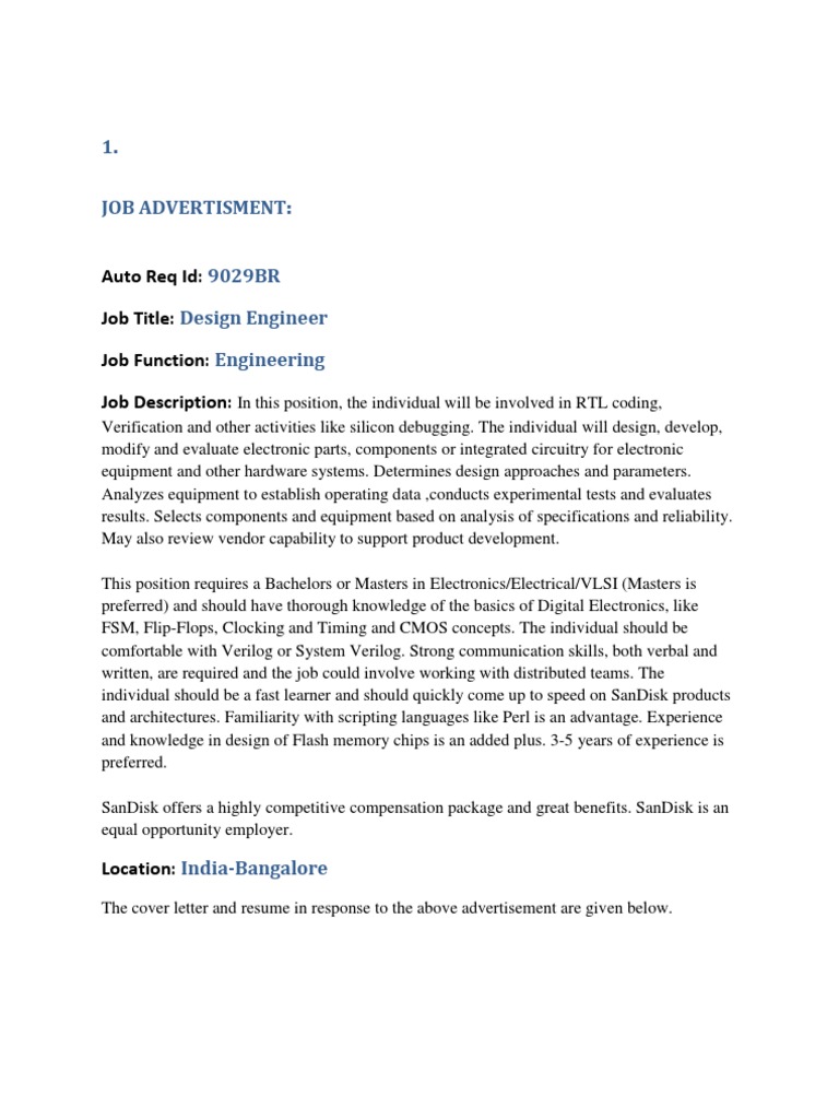 Job Advertisment: 9029BR Design Engineer Engineering: Auto Req Id: Job ...