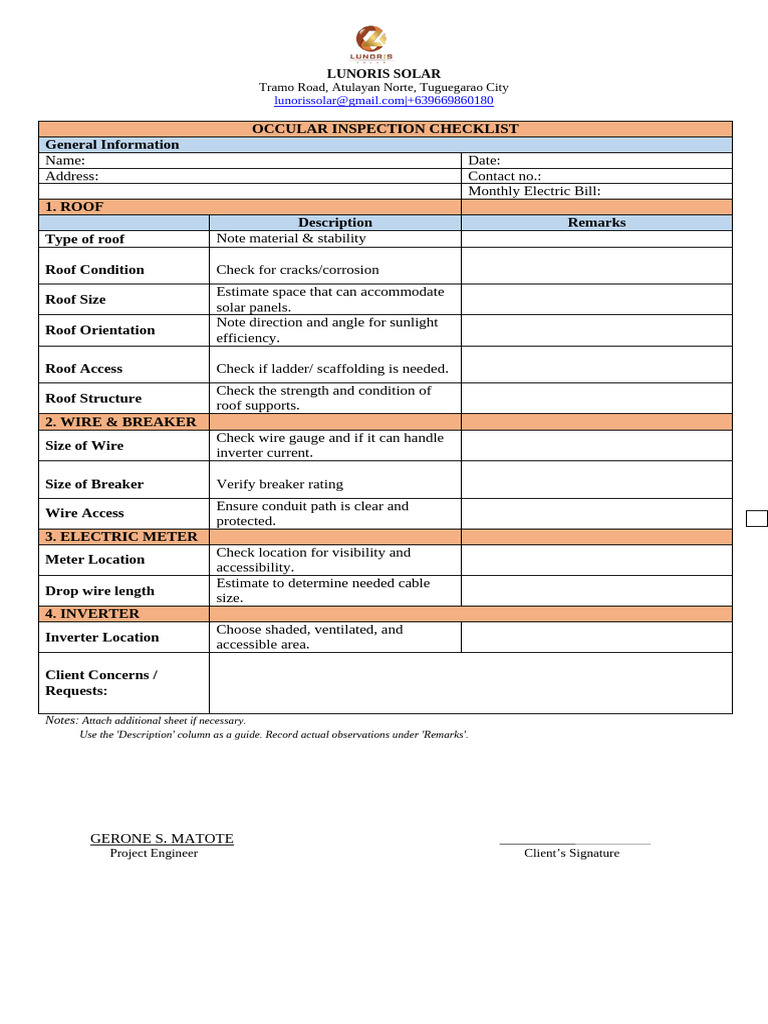 Occular Checklist - To Print | PDF | Roof | Solar Panel