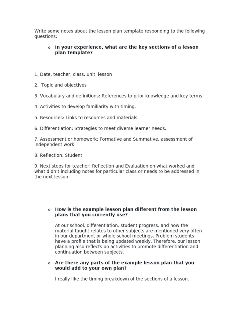 Write Some Notes About The Lesson Plan Template Responding To The ...