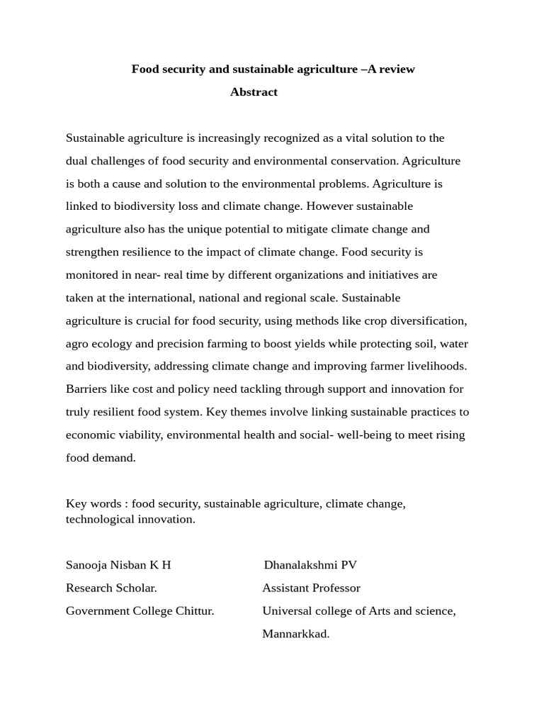 Food Security and Sustainable Agriculture Abstract | PDF