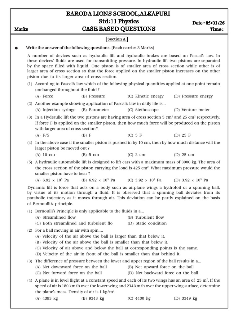 Pascal’s Law and Bernoulli’s Principle Quiz | PDF | Surface Tension ...