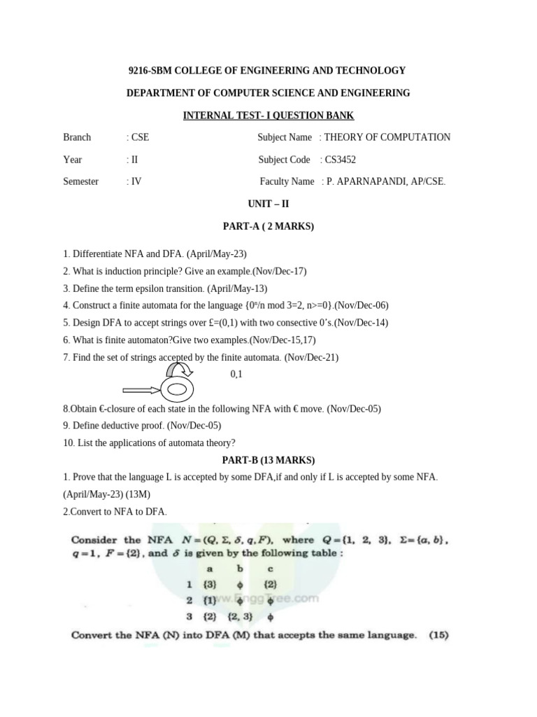 CSE Theory of Computation Question Bank | PDF | Theoretical Computer ...
