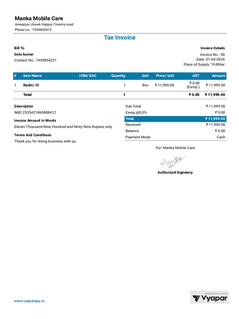 Tax Invoice: Manka Mobile Care | PDF