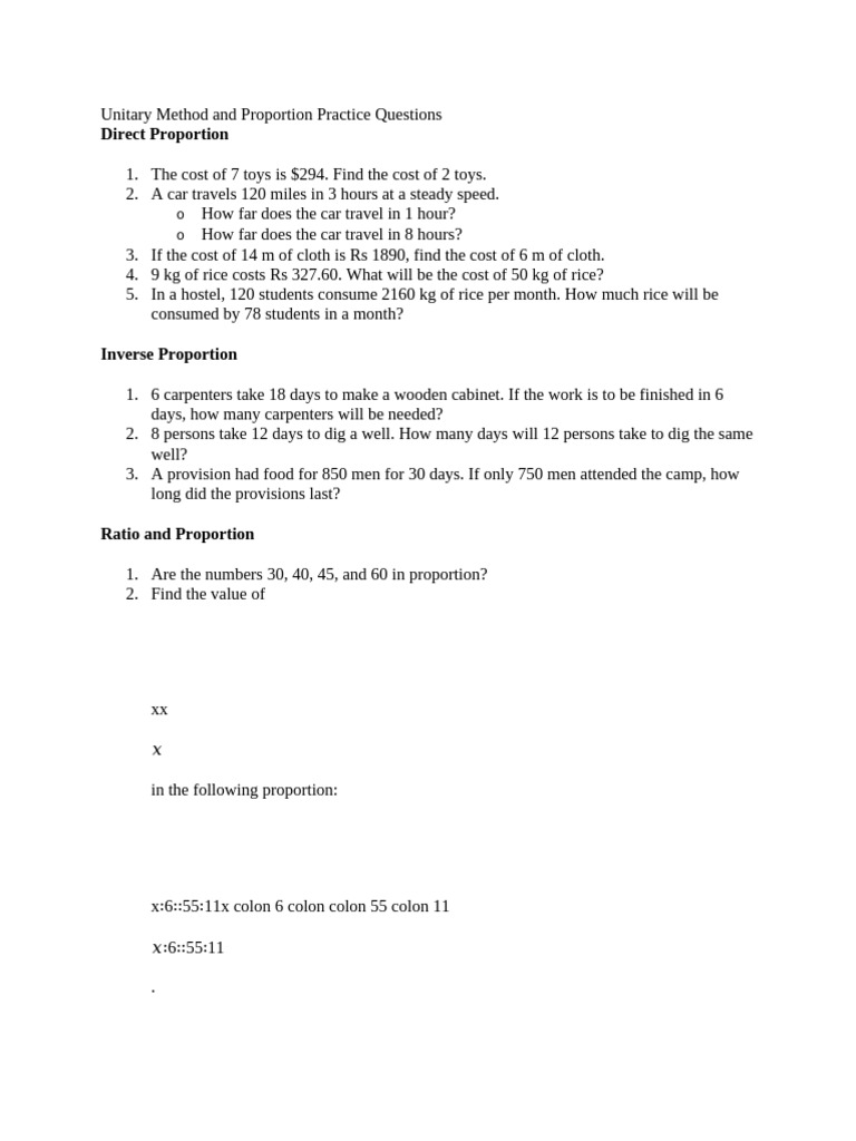 Unitary Method & Proportion Questions | PDF