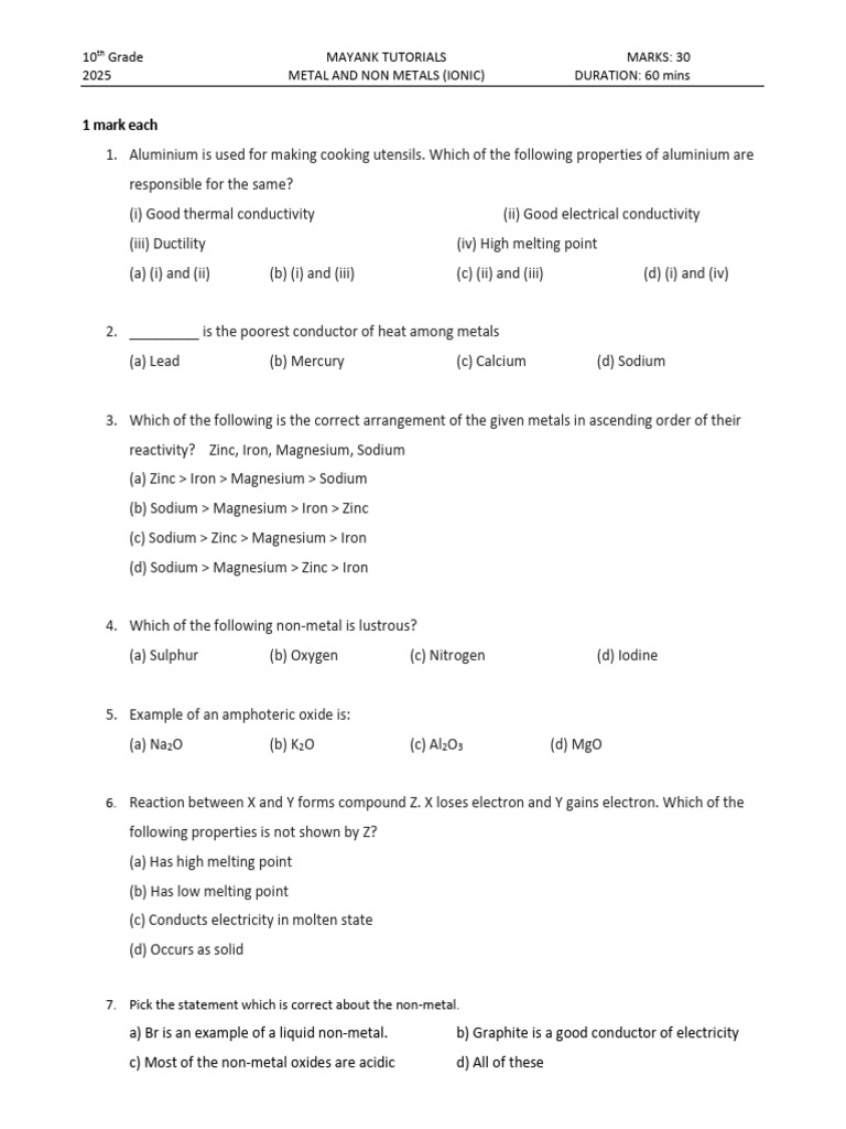 10th Grade Metal and Non-Metals Exam | PDF | Metals | Salt (Chemistry)