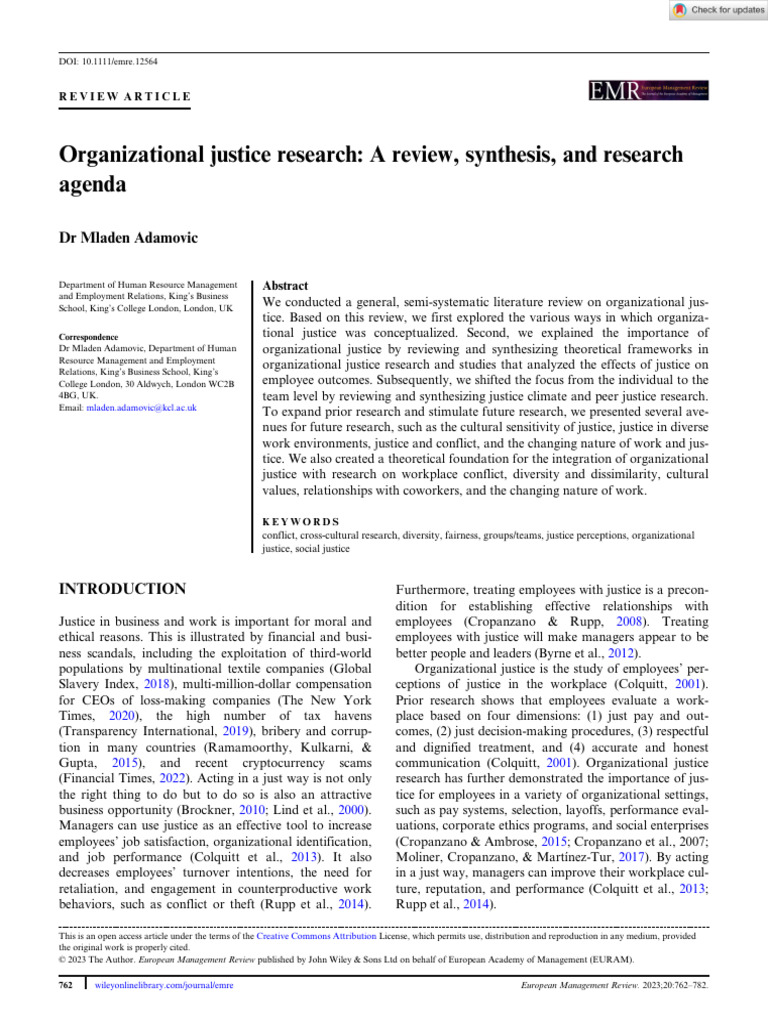 European Management Review - 2023 - Adamovic - Organizational Justice ...