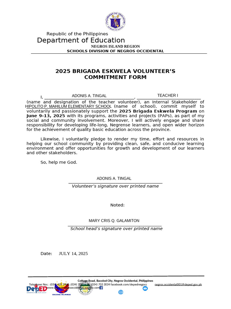 2025 Brigada Eskwela Volunteer Form | PDF
