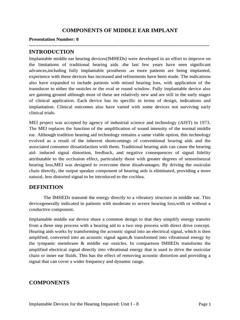 Middle Ear Implant Components Explained | PDF | Hearing | Hearing Aid