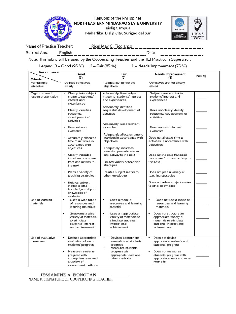 Lesson Plan Rating Sheet (2) | PDF | Educational Assessment | Education ...