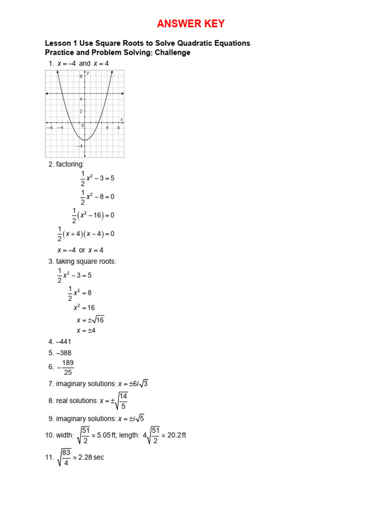 Quadratic Equations Answer Key | PDF