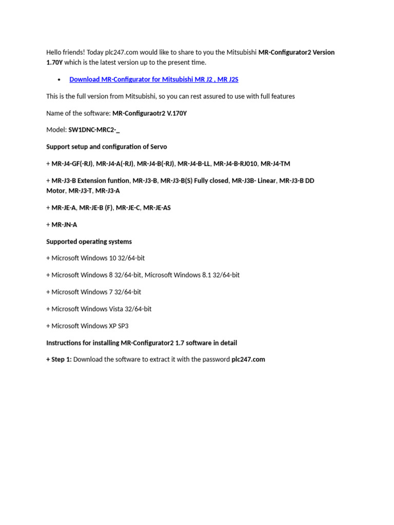 Download Mitsubishi MR-Configurator2 V1.70Y | PDF