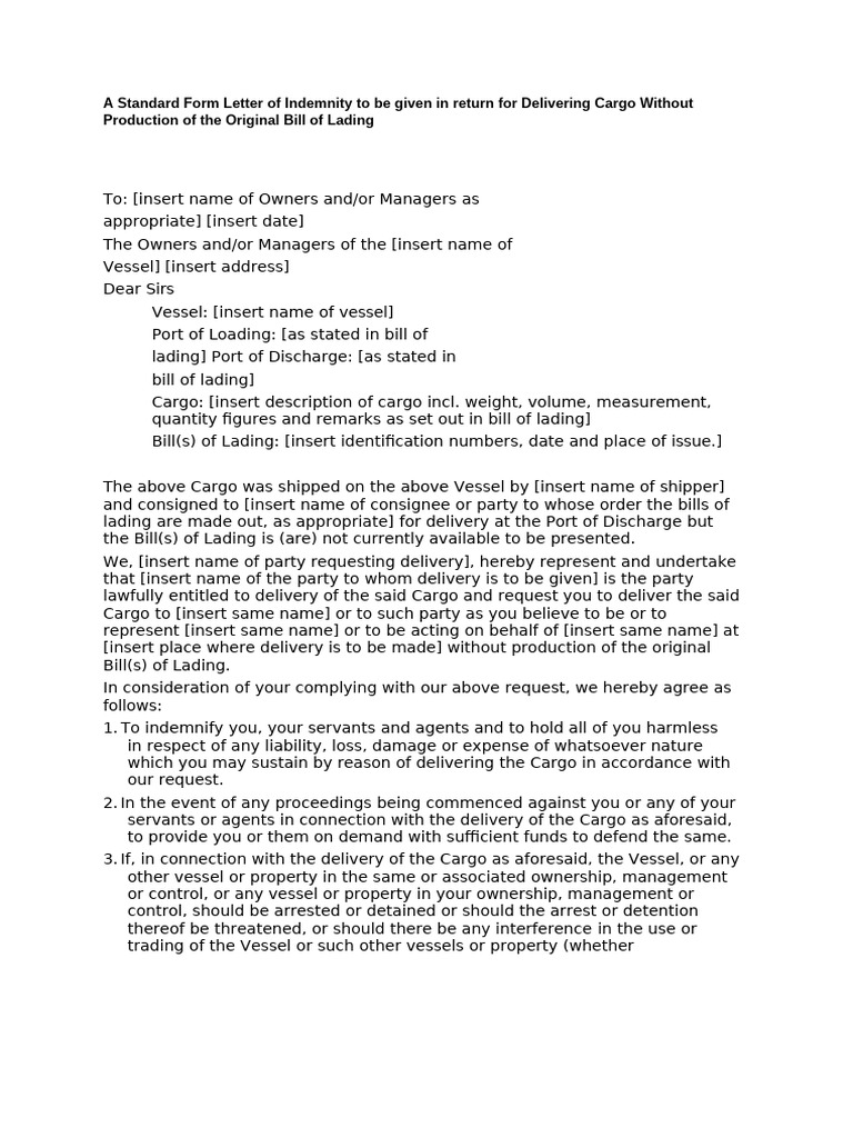 Updated Suite of IG Recommended Letter of Indemnity Wordings 09 2023 ...
