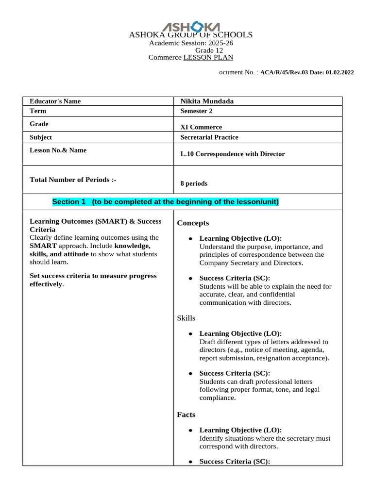 Grade 12 Commerce Lesson Plan: Director Correspondence | PDF | Lesson ...