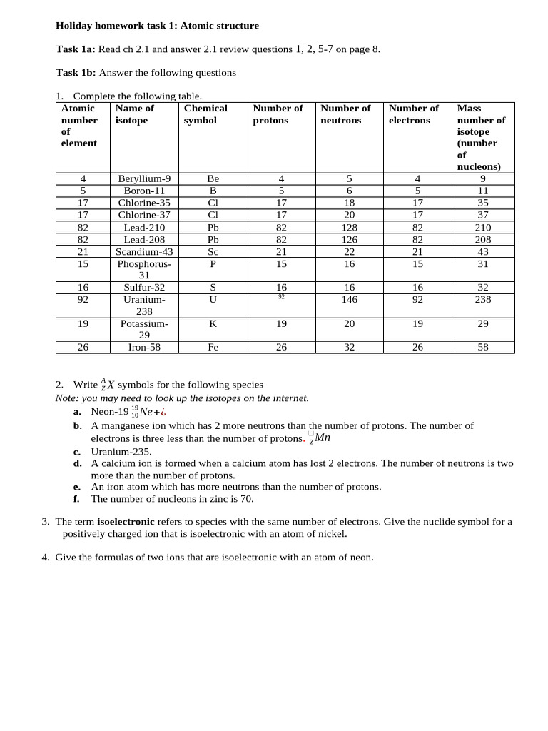 Task 1 - Atomic-Structure-Worksheet | PDF | Isotope | Atoms