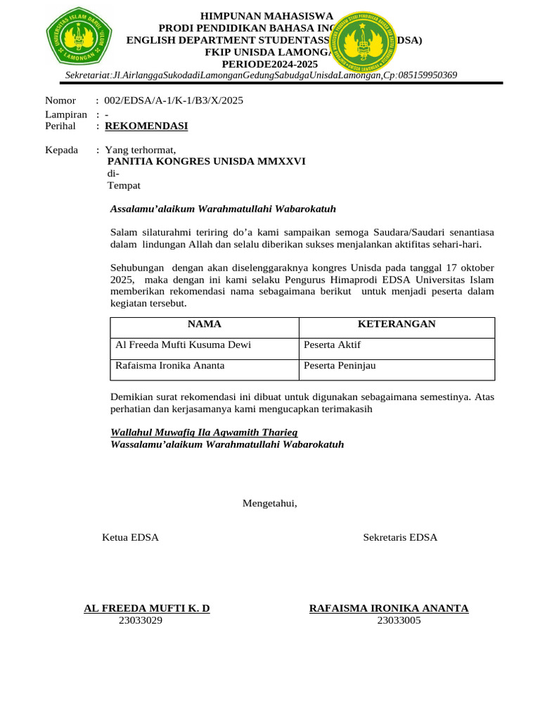 Rekomendasi Peserta Kongres Unisda 2025 | PDF