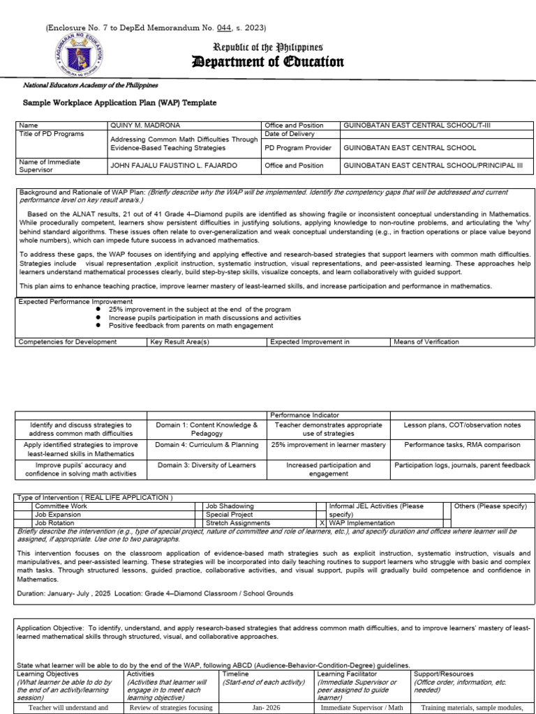 Sample Work Application Plan Wap | PDF | Learning | Mathematics