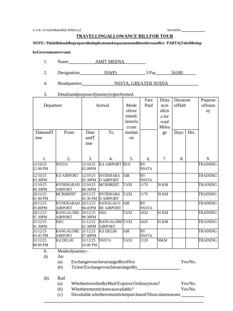 Travelling Allowance Bill Template | PDF | Transport | Public Transport