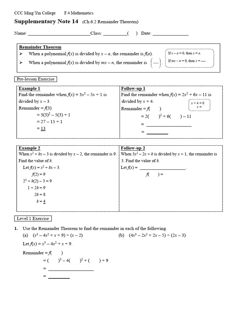 Remainder Theorem Exercises for F.4 Math | PDF | Polynomial | Equations
