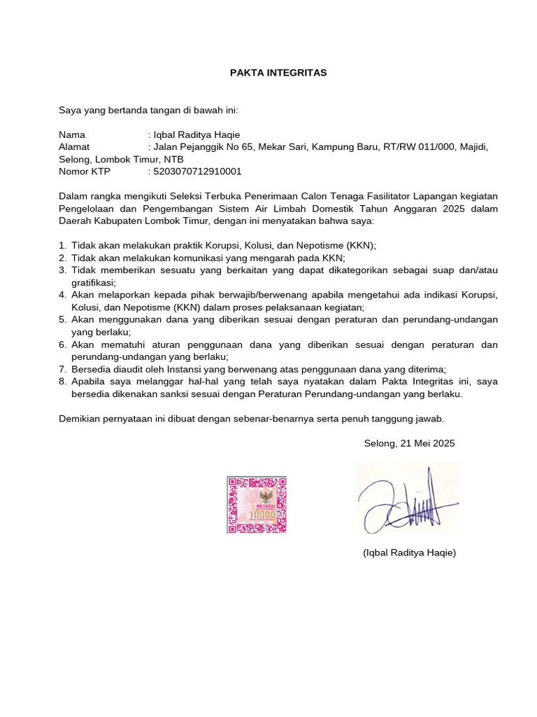 Contoh Format Fakta Integritas | PDF