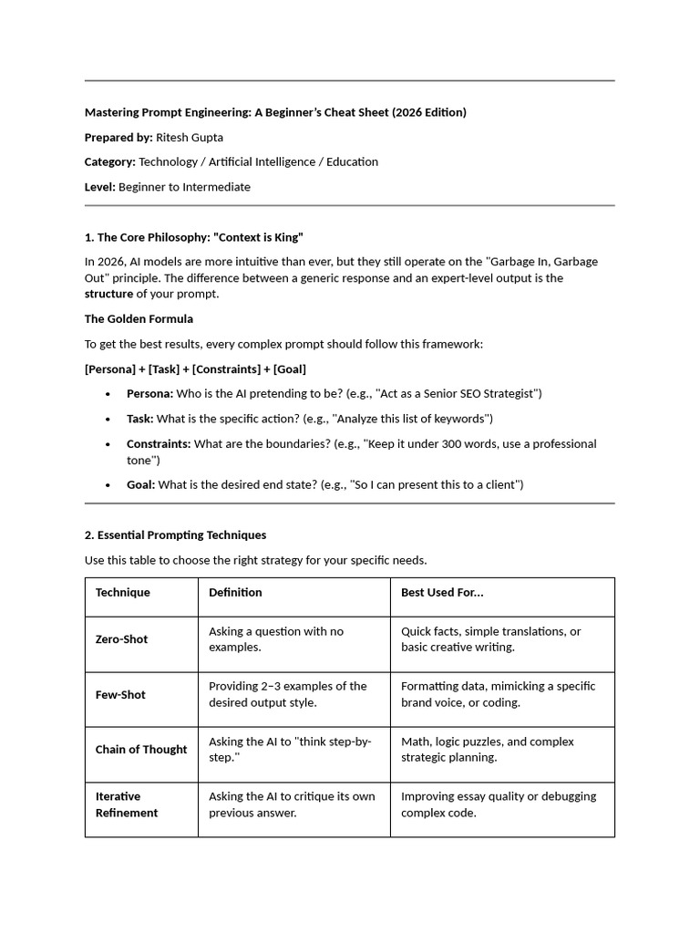 Prompt Engineering Cheat Sheet 2026 | PDF | Artificial Intelligence ...