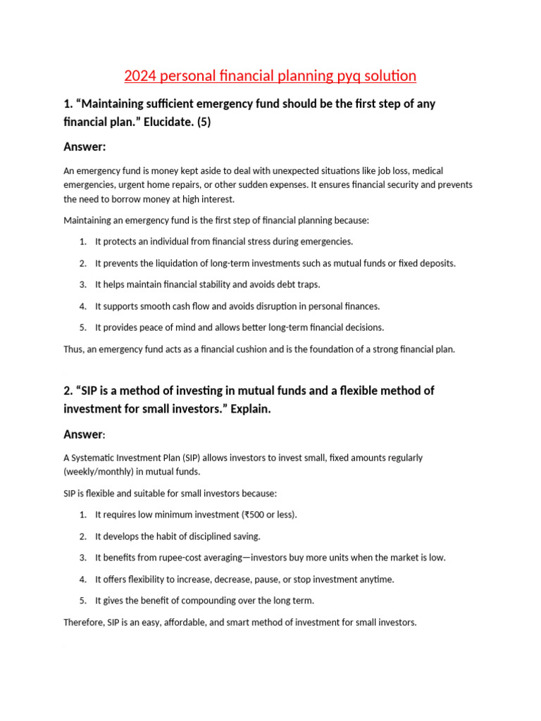 2024 Personal Financial Planning Pyq Solution | PDF | Financial Risk ...
